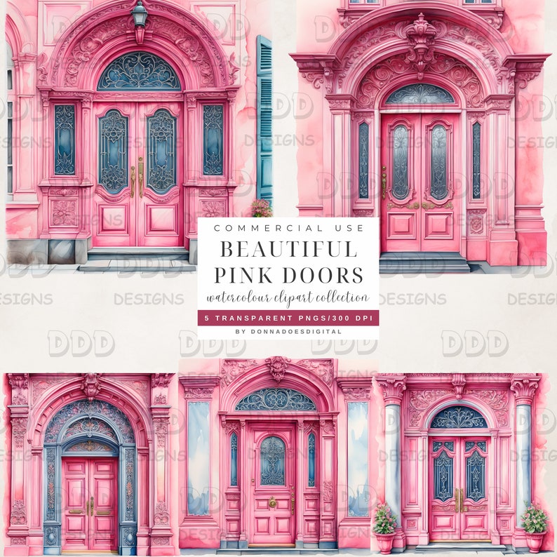 Beautiful Pink Front Doors, 5 Watercolour Clipart Images, COMMERCIAL ...