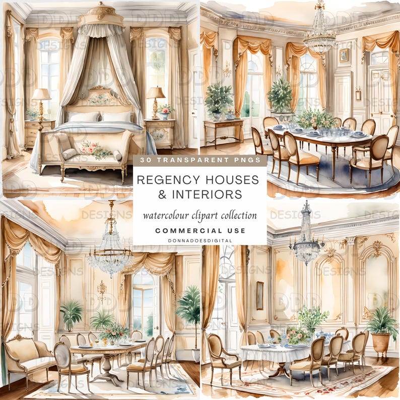 Regency Houses Watercolour Clipart, 22 JPG Regency Interiors & 8 ...
