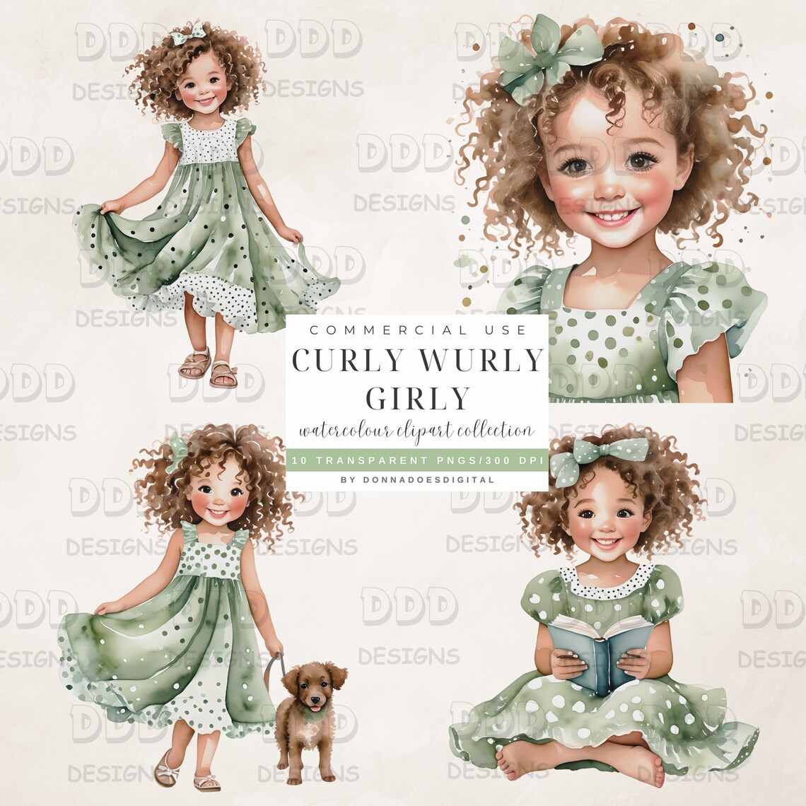 Watercolour Curly Hair Girl Clipart Pack, COMMERCIAL USE, Perfect for ...
