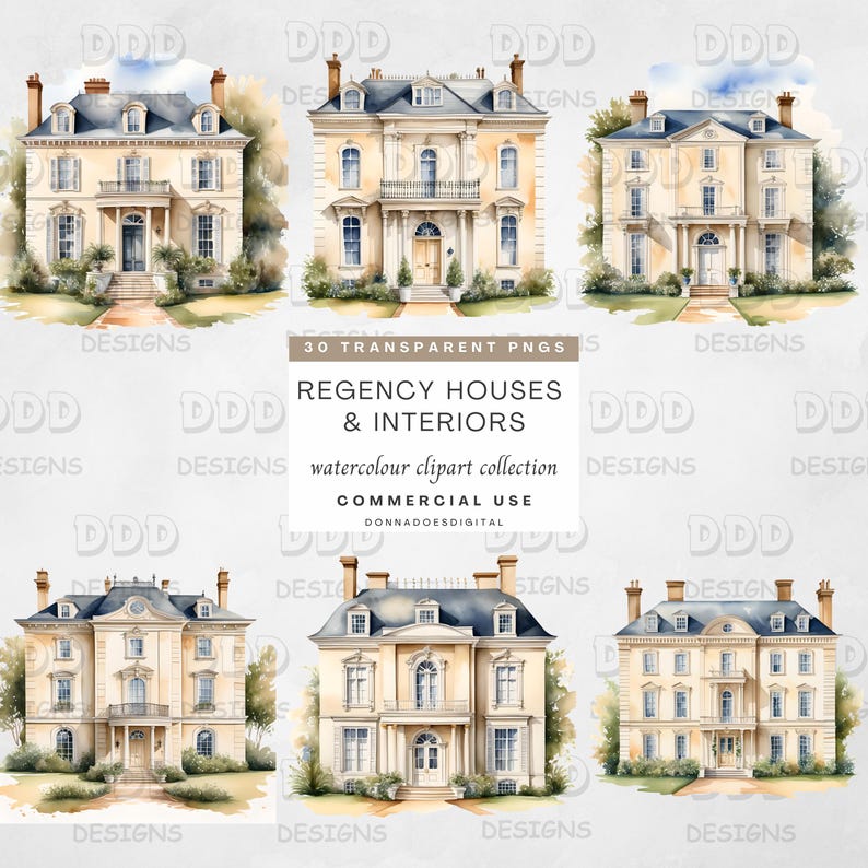 Regency Houses Watercolour Clipart, 22 JPG Regency Interiors & 8 ...