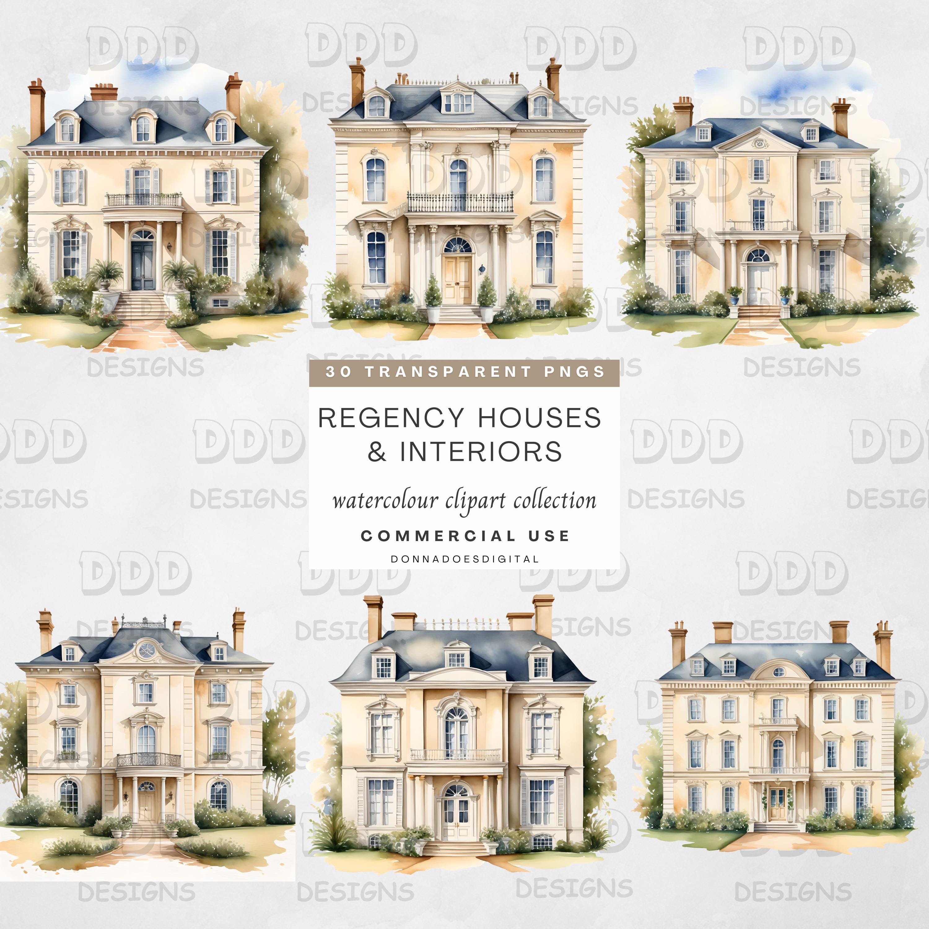 Regency Houses Watercolour Clipart, 22 JPG Regency Interiors & 8 ...
