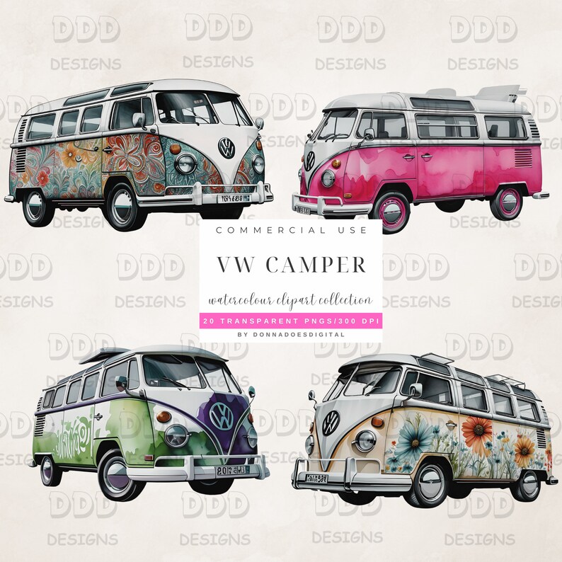 Watercolour Camper Van Clipart, 20 Transparent COMMERCIAL USE Png's ...