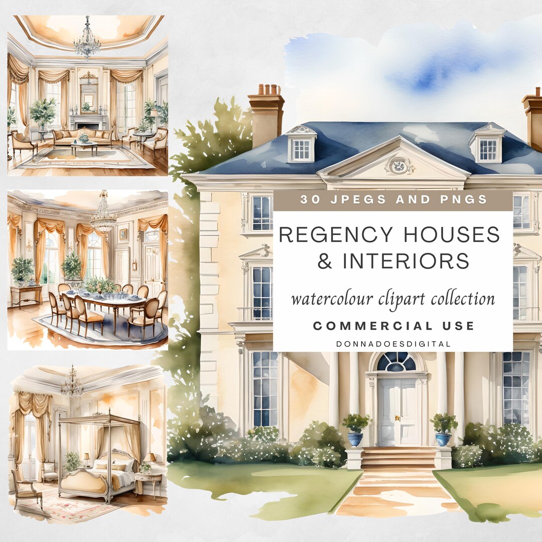 Regency Houses Watercolour Clipart, 22 JPG Regency Interiors & 8 ...