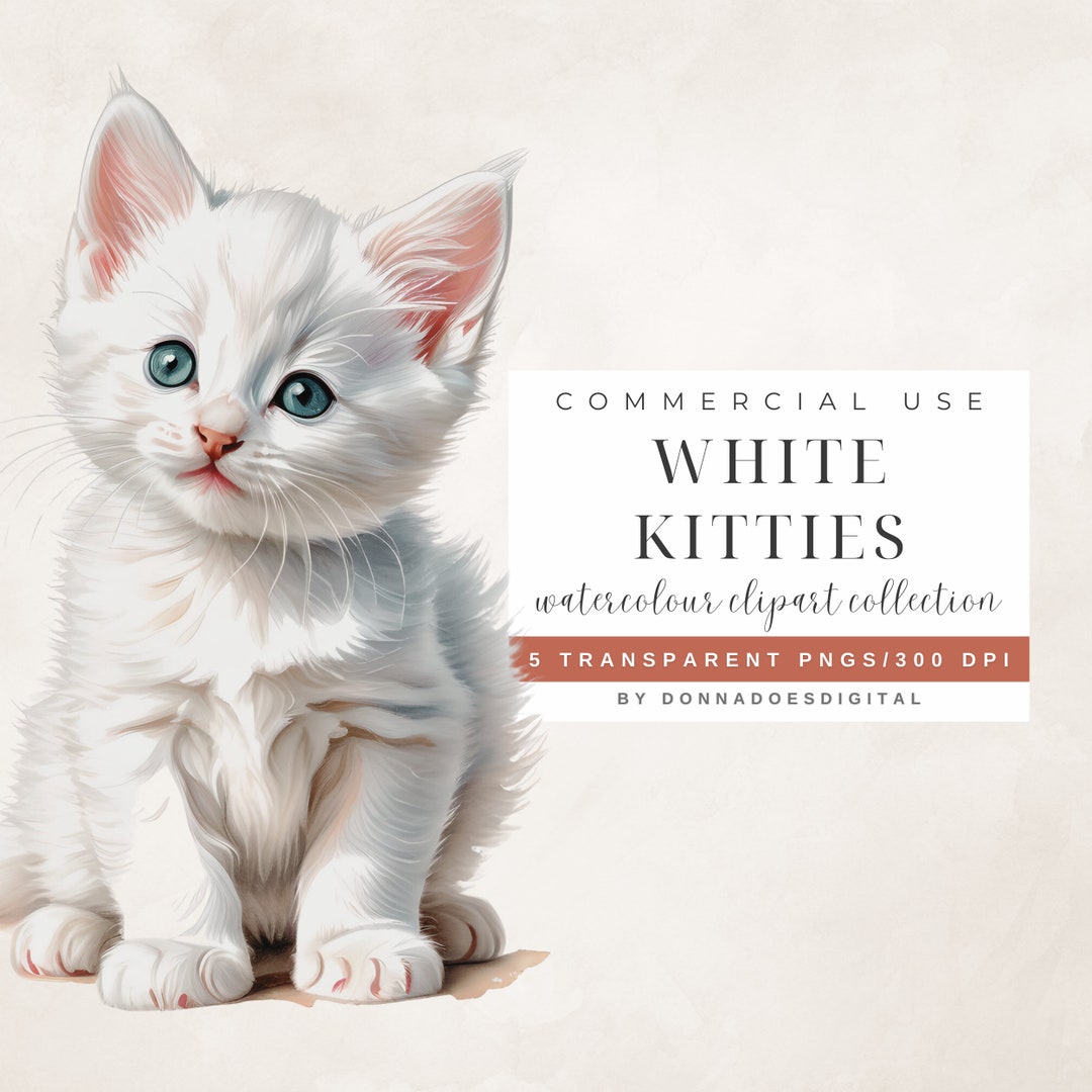 Cute Watercolour White Kittens Clipart Pack, COMMERCIAL USE ...