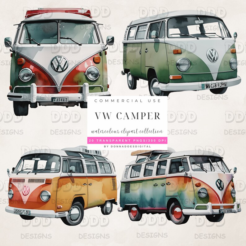 Watercolour Camper Van Clipart, 20 Transparent COMMERCIAL USE Png's ...