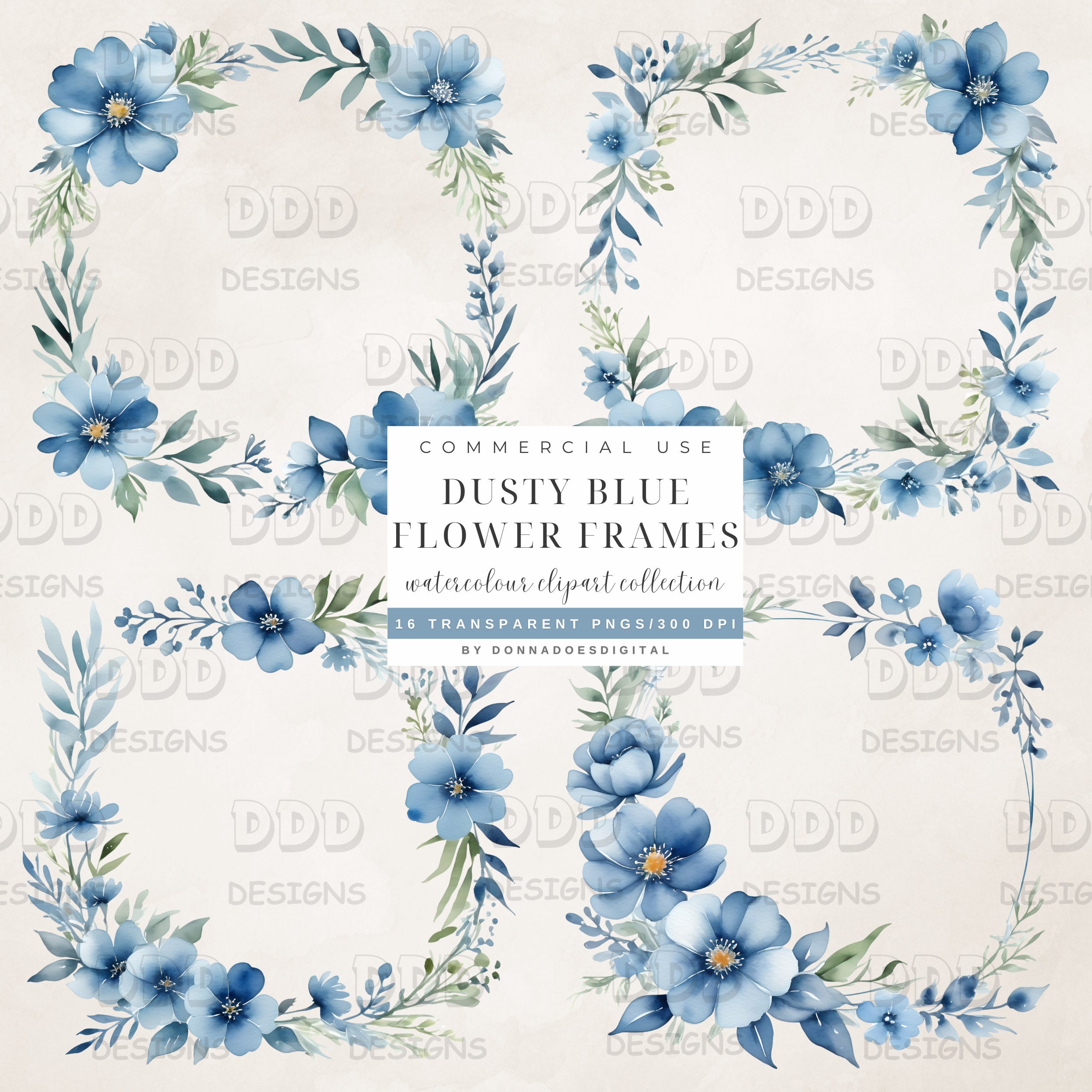 Dusty Blue Floral Clipart Frames, Light Blue Flower Borders ...