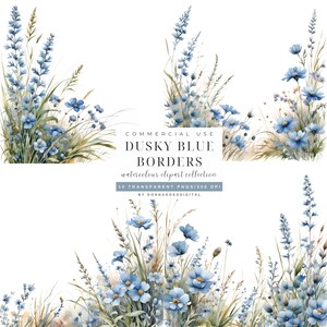 Dusty Blue Floral Clipart, Light Blue Borders Clip Art, 10 Transparent ...