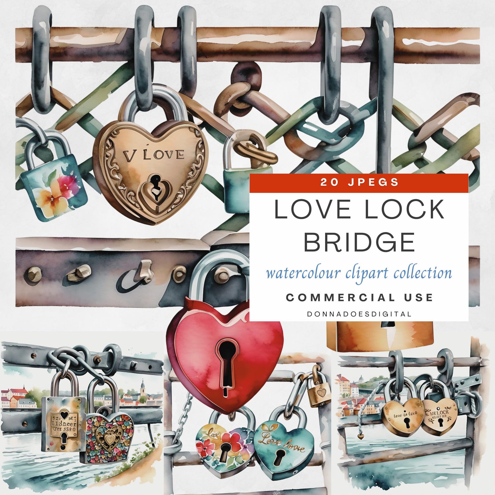 Love Lock Bridges Watercolour Clipart, 20 COMMERCIAL USE JPEGS, Love ...