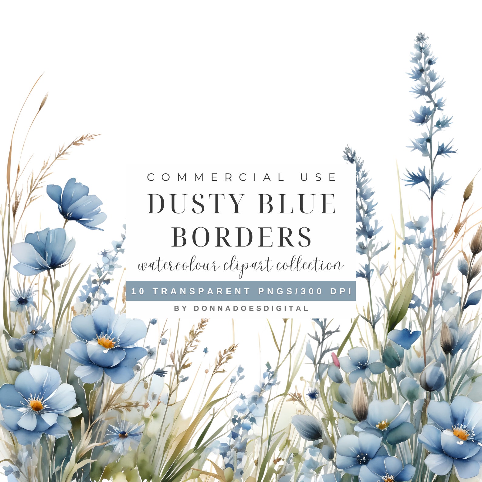 Dusty Blue Floral Clipart, Light Blue Borders Clip Art, 10 Transparent ...