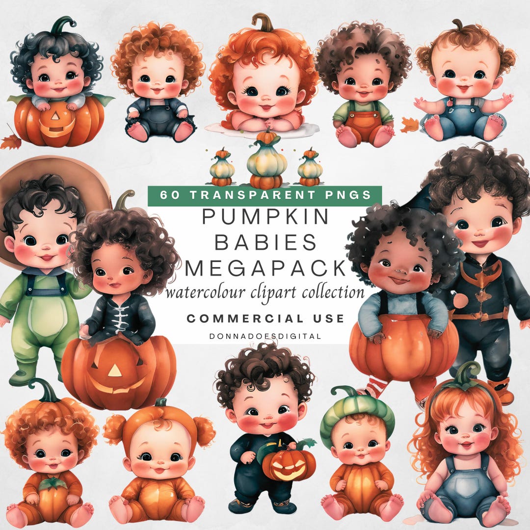 Pumpkin Babies Bundle Watercolour Clipart, 60 COMMERCIAL USE PNGS, Cute ...