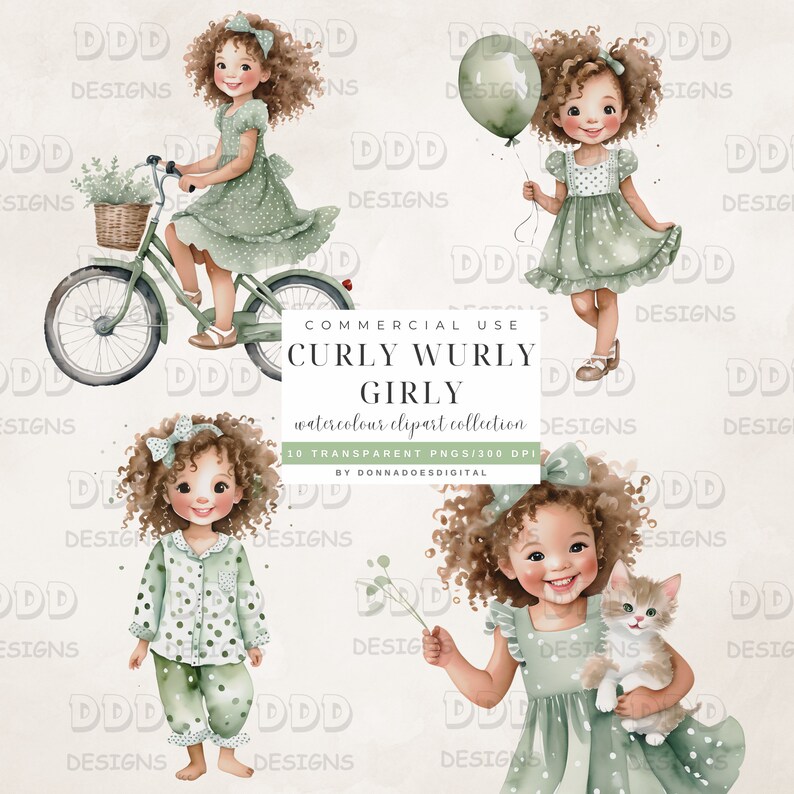 Watercolour Curly Hair Girl Clipart Pack, COMMERCIAL USE, Perfect for ...