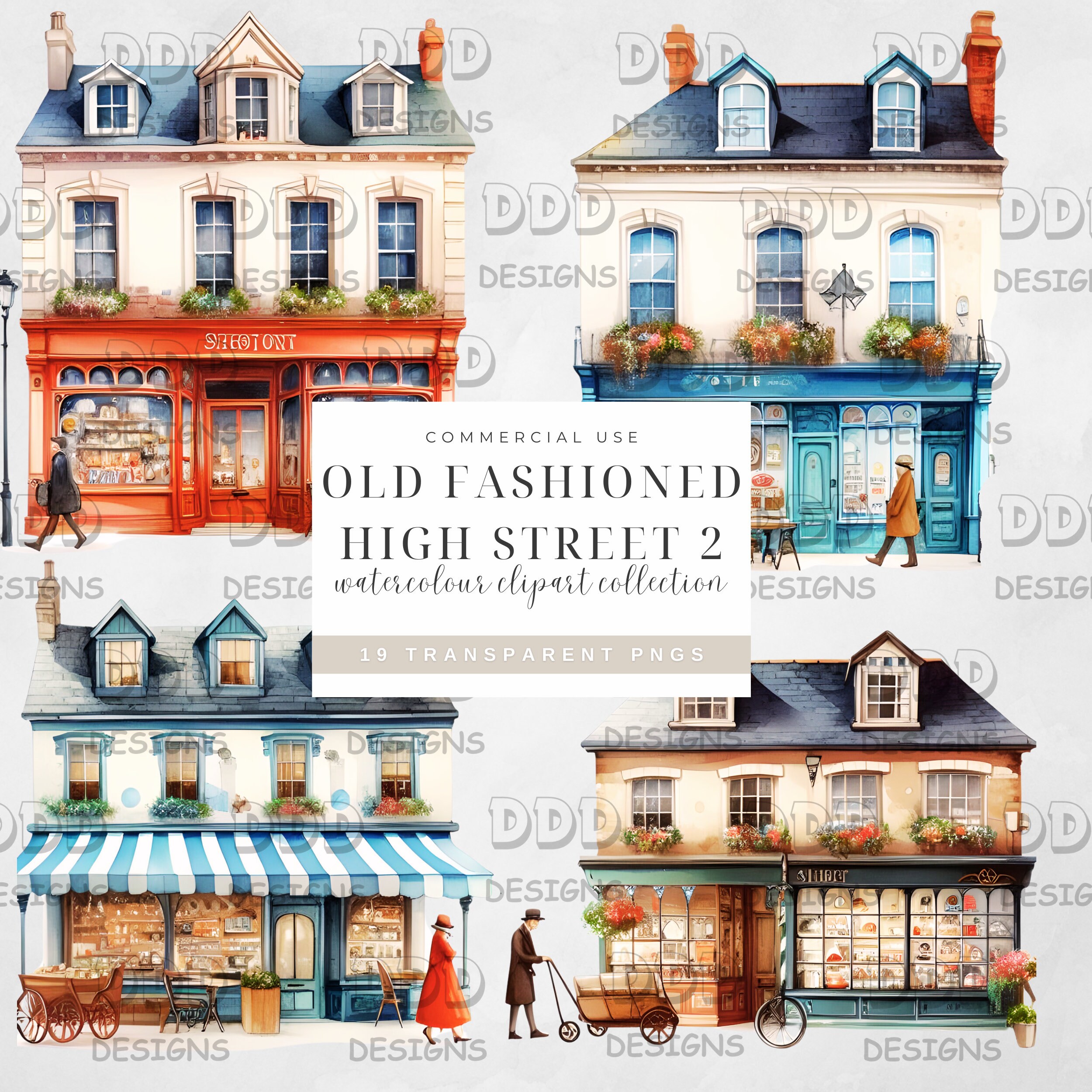 Watercolour High Street Scene Clipart, 19 High Quality Jpgs, Digital ...