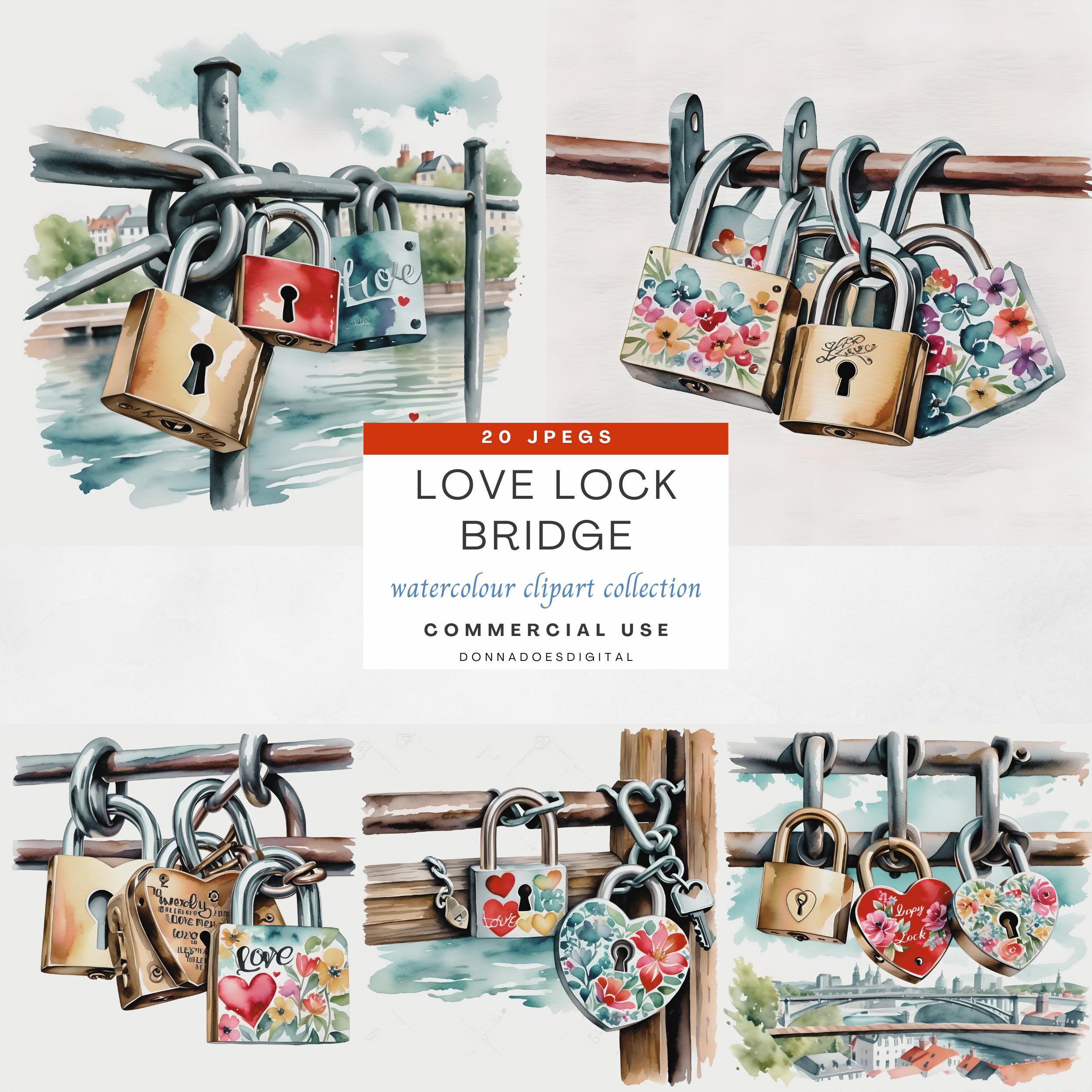 Love Lock Bridges Watercolour Clipart, 20 COMMERCIAL USE JPEGS, Love ...