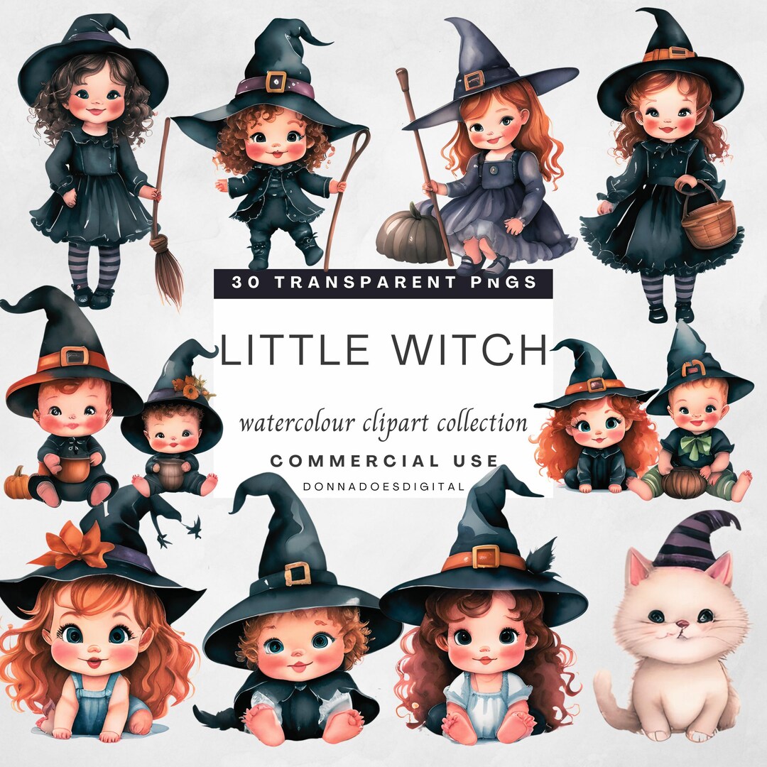 Little Witch Watercolour Clipart, 30 COMMERCIAL USE PNG'S, Digital ...