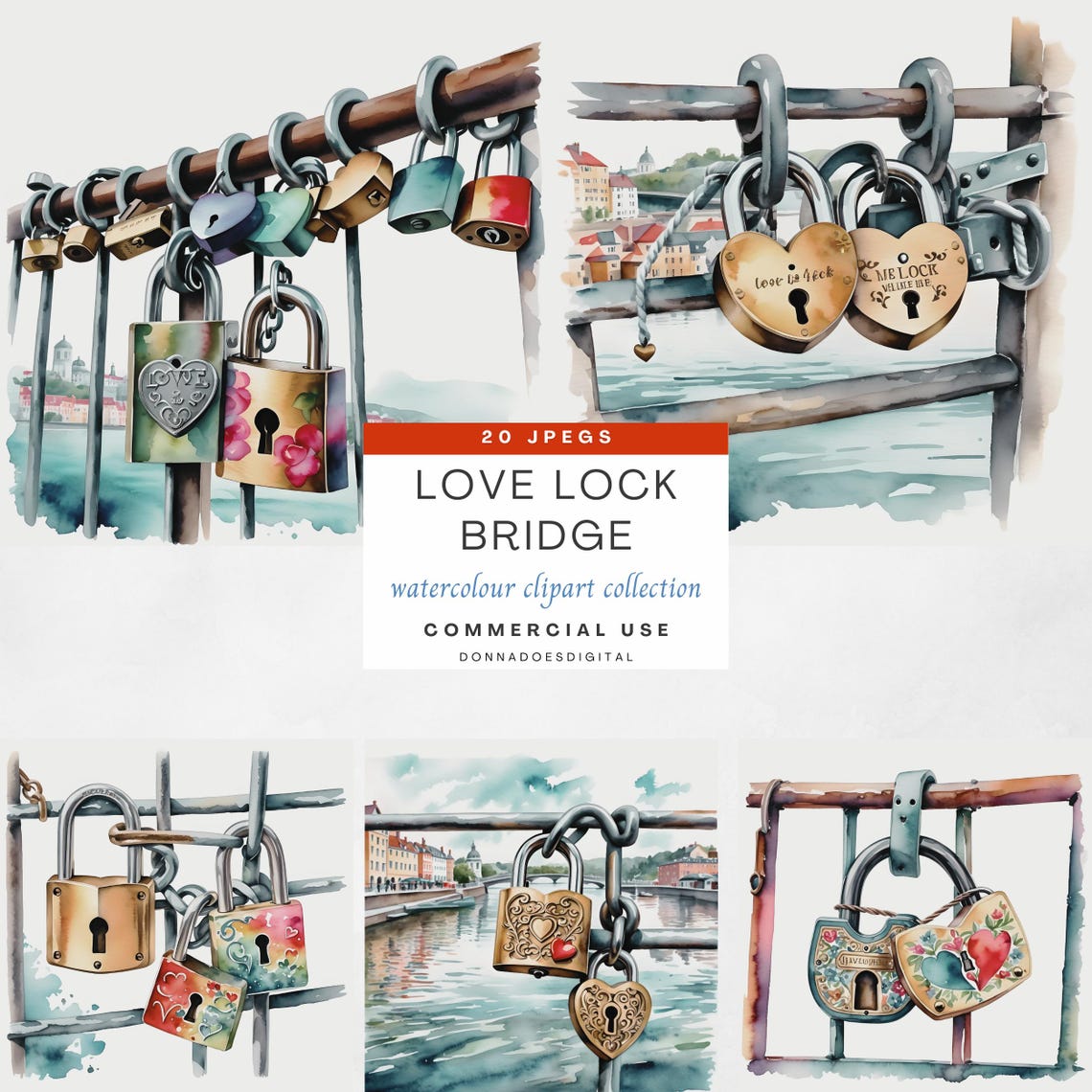 Love Lock Bridges Watercolour Clipart, 20 COMMERCIAL USE JPEGS, Love ...