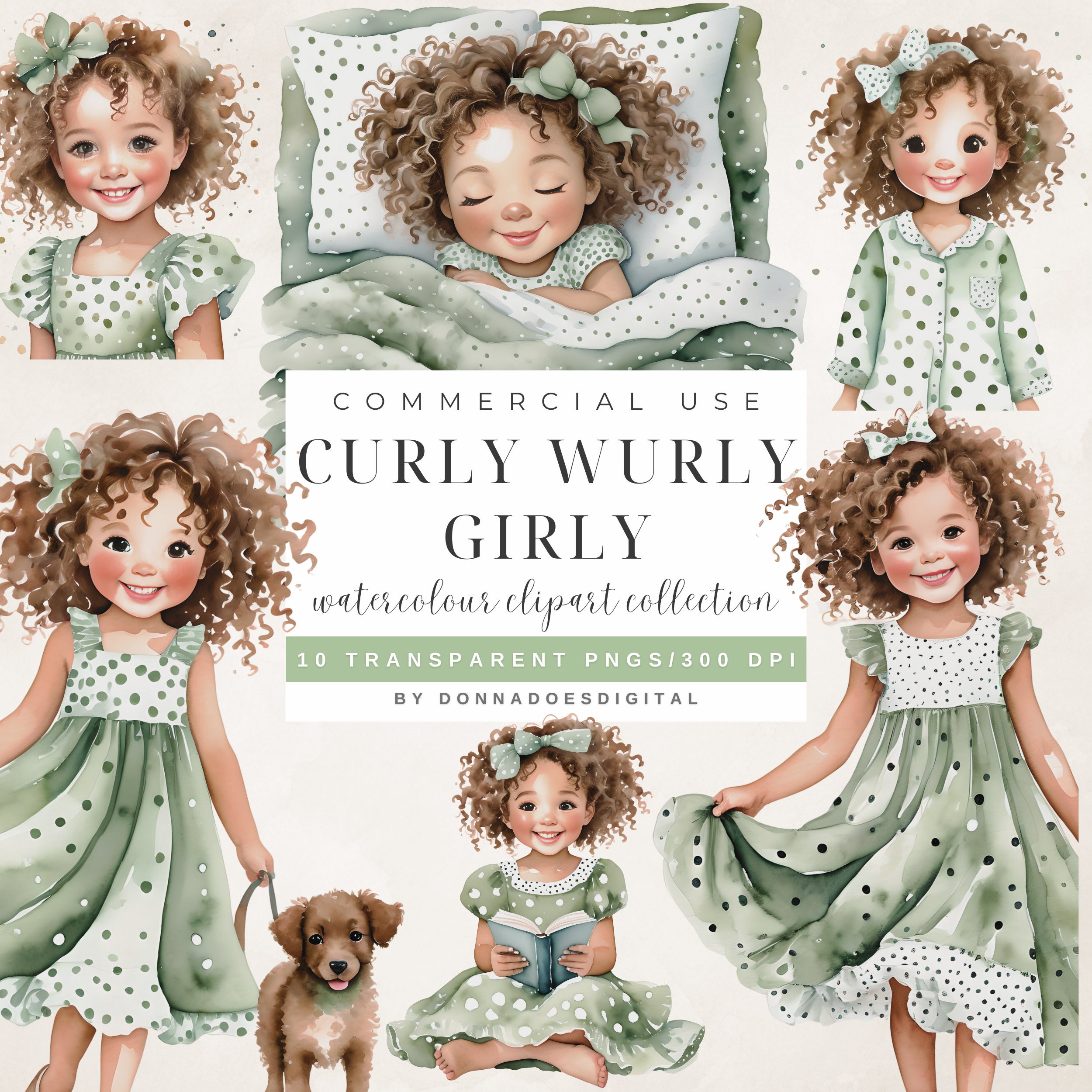 Watercolour Curly Hair Girl Clipart Pack, COMMERCIAL USE, Perfect for ...
