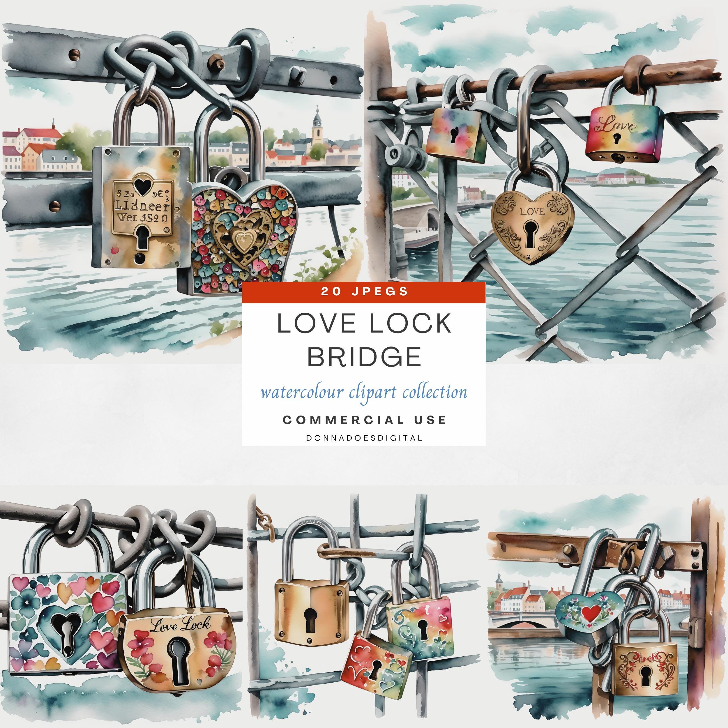 Love Lock Bridges Watercolour Clipart, 20 COMMERCIAL USE JPEGS, Love ...