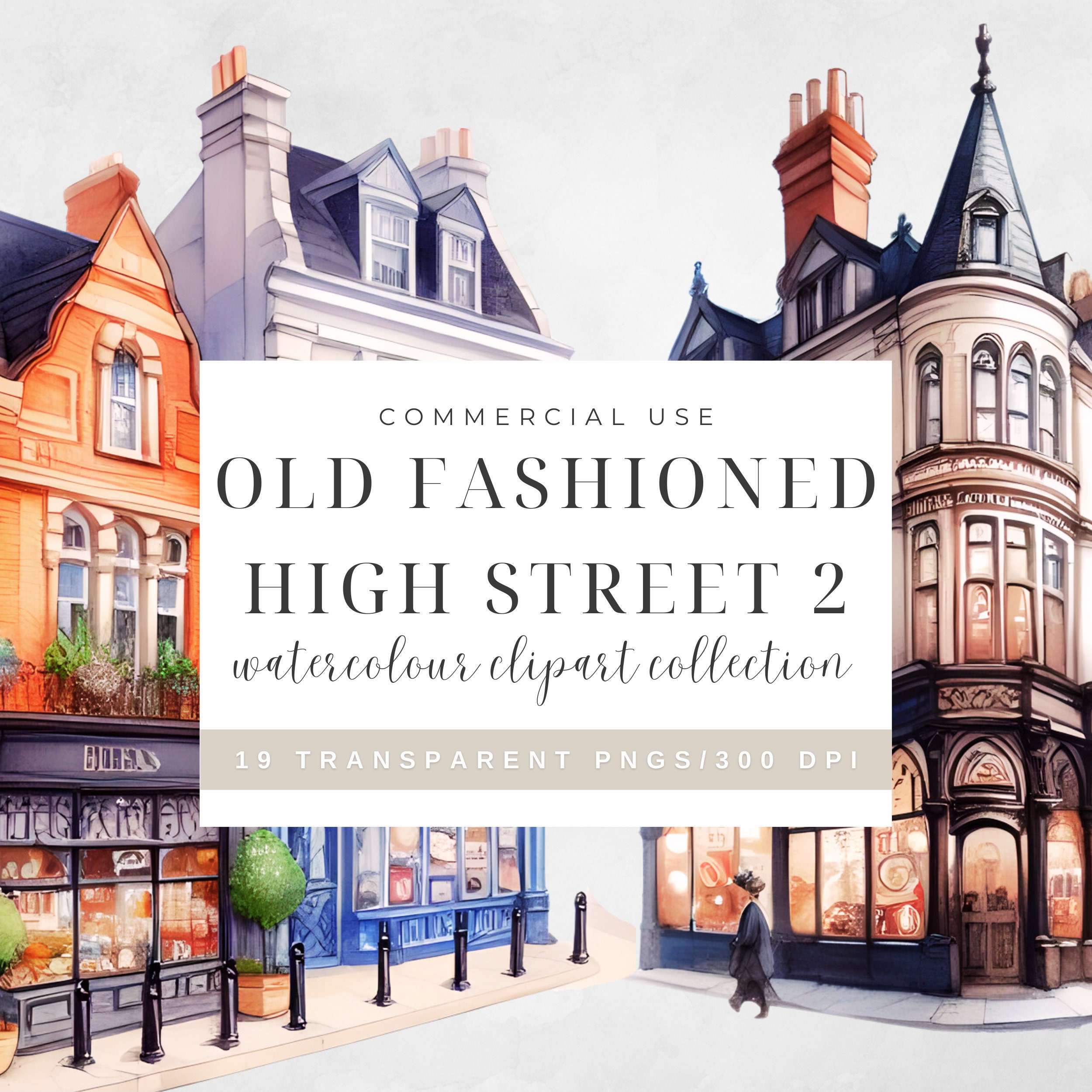 Watercolour High Street Scene Clipart, 19 High Quality Jpgs, Digital ...