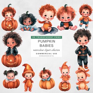 Pumpkin Babies Bundle Watercolour Clipart, 60 COMMERCIAL USE PNGS, Cute ...
