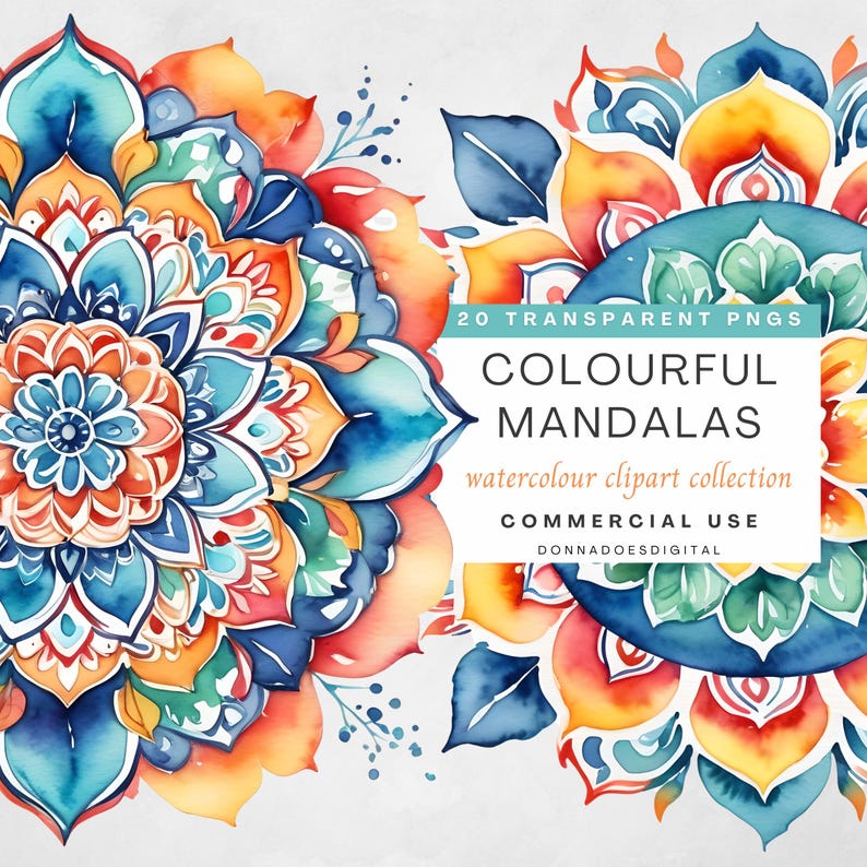 Colourful Mandalas Watercolour Clipart, 20 COMMERCIAL USE PNG'S ...