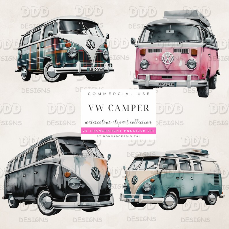 Watercolour Camper Van Clipart, 20 Transparent COMMERCIAL USE Png's ...