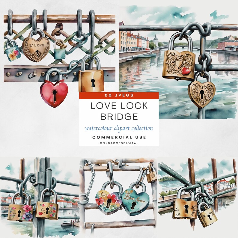 Love Lock Bridges Watercolour Clipart, 20 COMMERCIAL USE JPEGS, Love ...