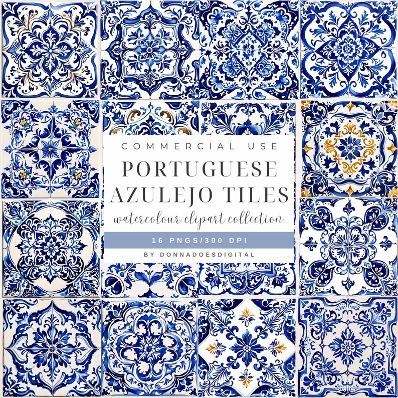 Watercolour Clipart, Ceramic Tile, Mediterranean Portuguese & Spanish ...