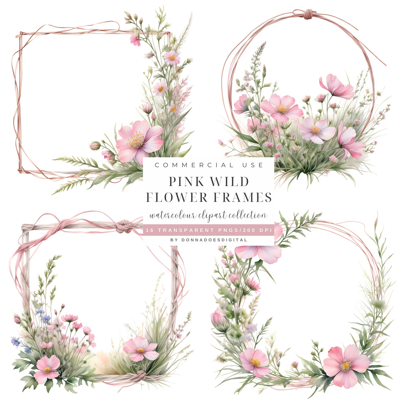 Pink Wild Flower Frames, Floral Clipart, Wild Flower Clip Art, 16 ...