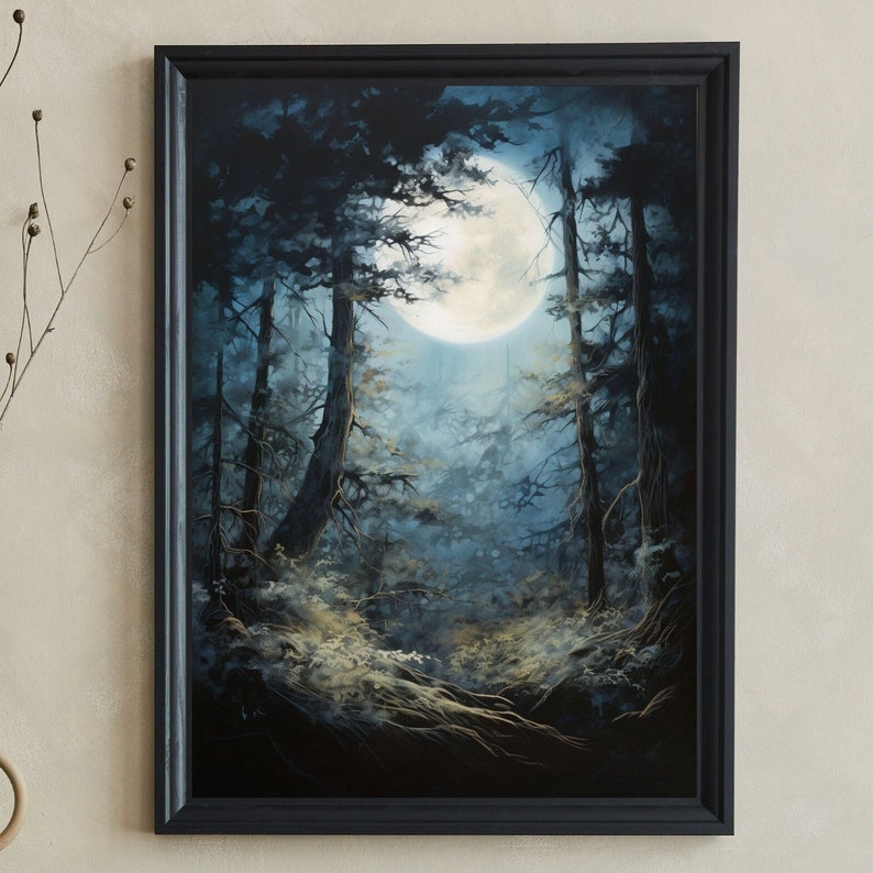 Mystical Forest Night Moonlight Canvas Art, Enchanted Woods Wall Decor ...