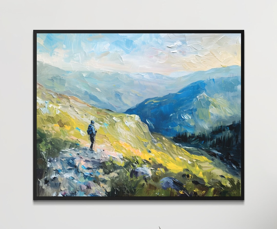 Hiker Mountain Landscape Painting Print, Outdoor Adventure Wall Art ...