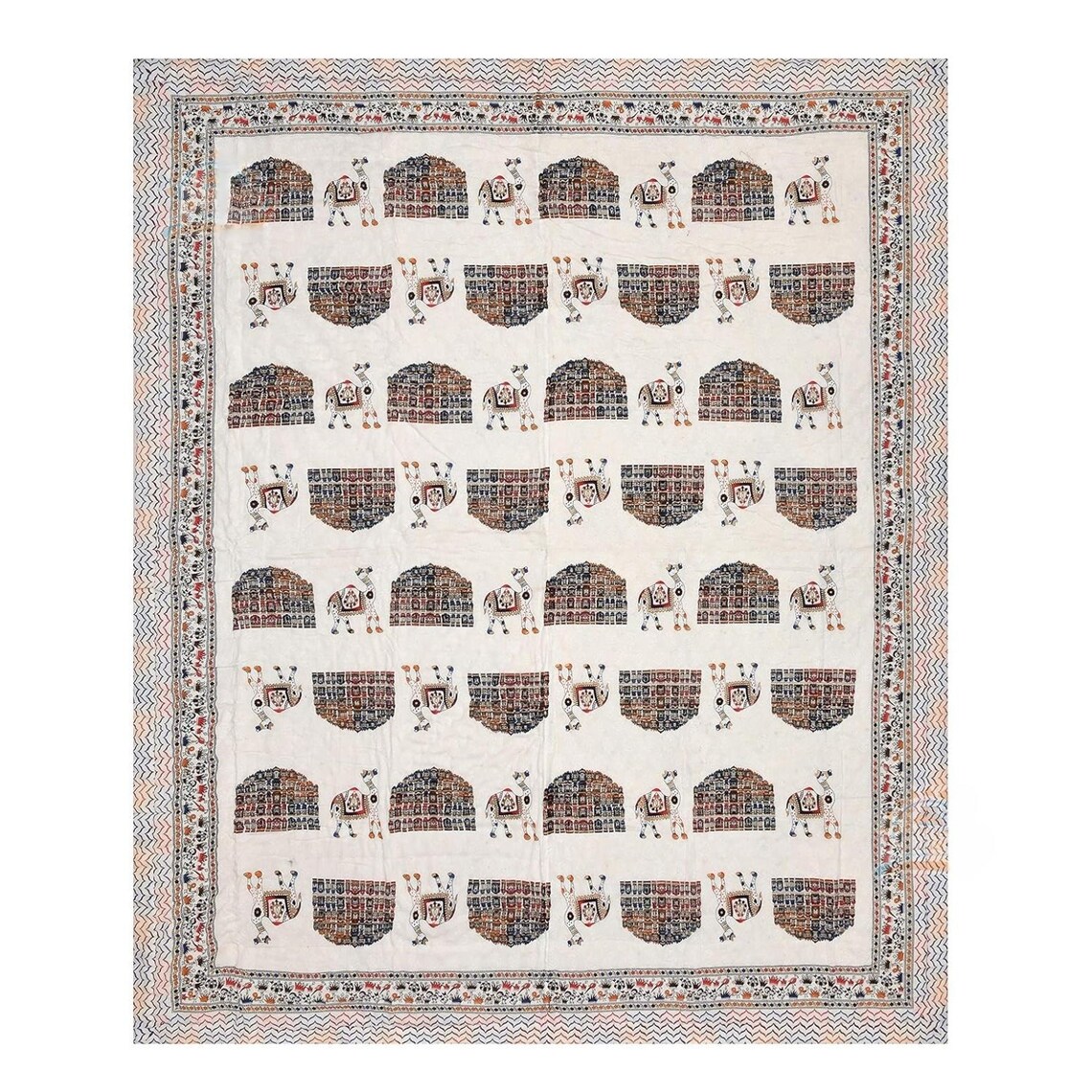 Hand Block Printed Cotton Quilt – Rajasthani Camel & Hawa Mahal Design ...