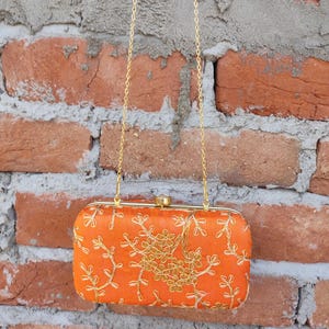 Orange Embroidered Evening Clutch With Chain, Zari Work Party Bag - Etsy
