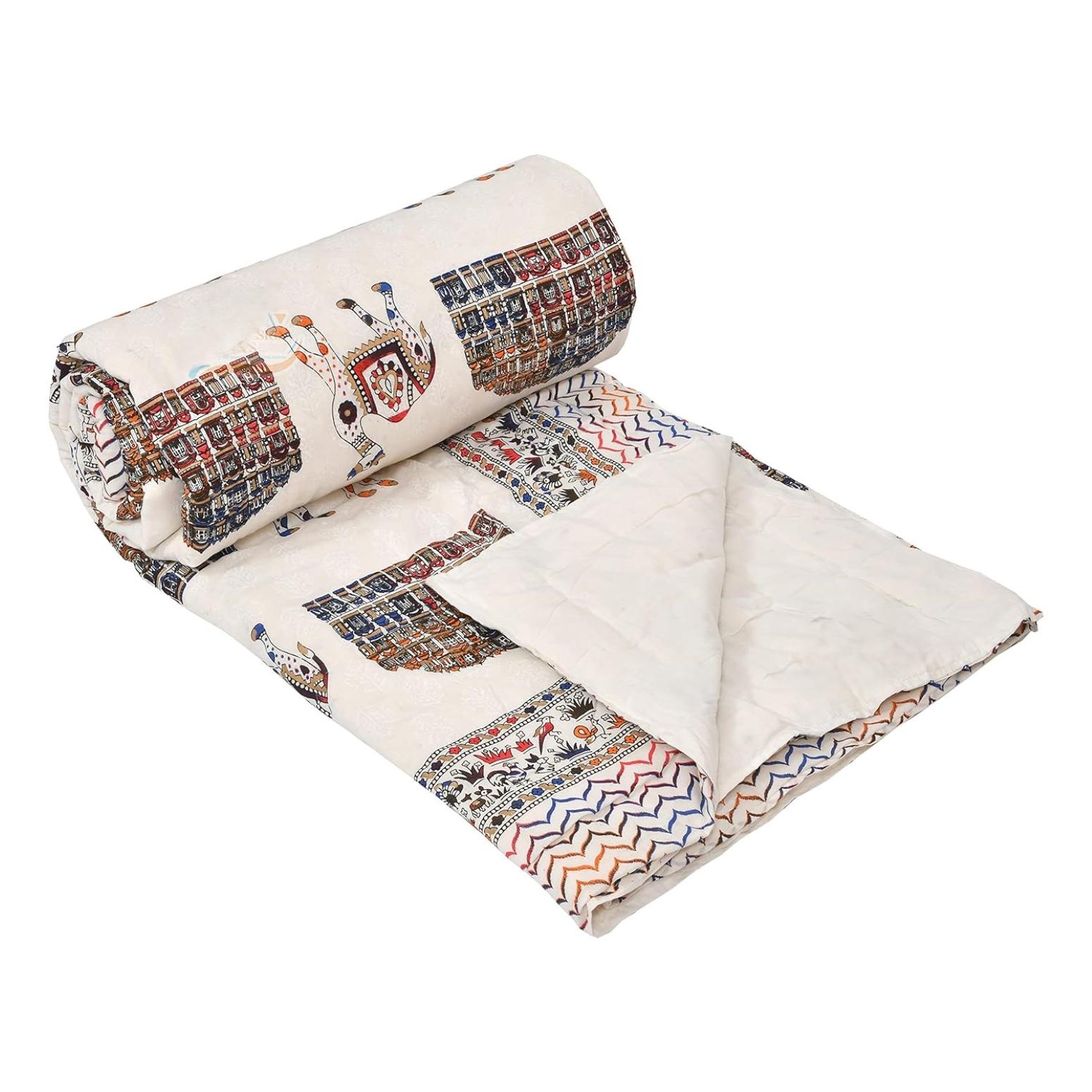 Hand Block Printed Cotton Quilt – Rajasthani Camel & Hawa Mahal Design ...