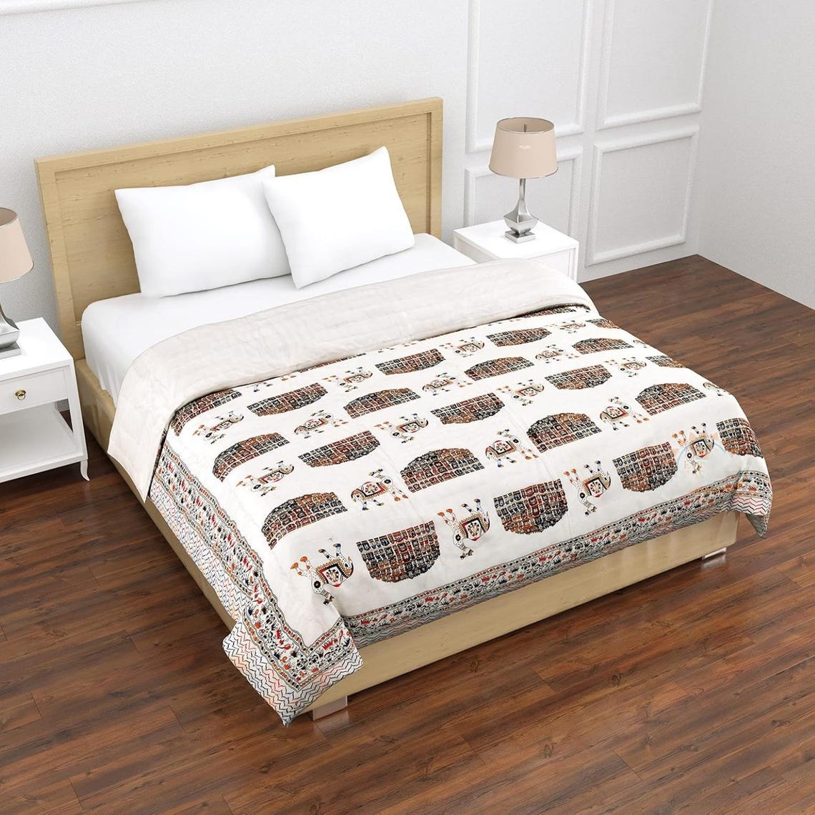 Hand Block Printed Cotton Quilt – Rajasthani Camel & Hawa Mahal Design ...