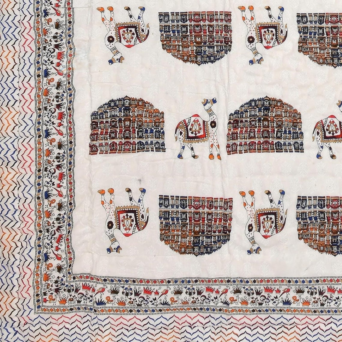 Hand Block Printed Cotton Quilt – Rajasthani Camel & Hawa Mahal Design ...