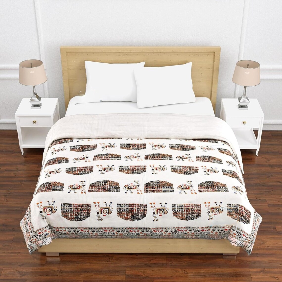 Hand Block Printed Cotton Quilt – Rajasthani Camel & Hawa Mahal Design ...