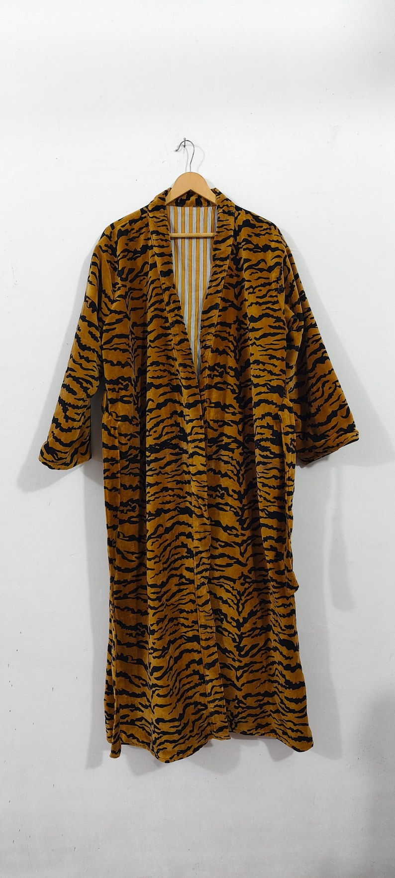 Velvet Kimono Robe, Tiger Print Loungewear, Bohemian Duster, Cotton ...