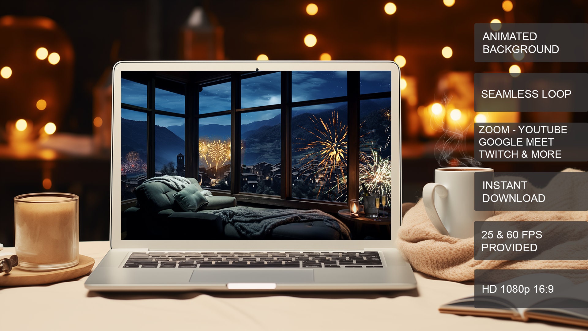 Cozy Fireworks ANIMATED BACKGROUND Celebrations Zoom - Etsy