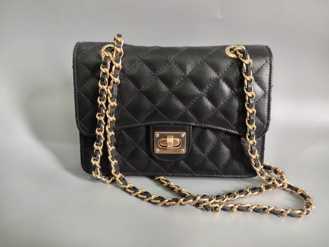 Premium Quilted Leather Handbag Black Leather Purse Golden Chain ...