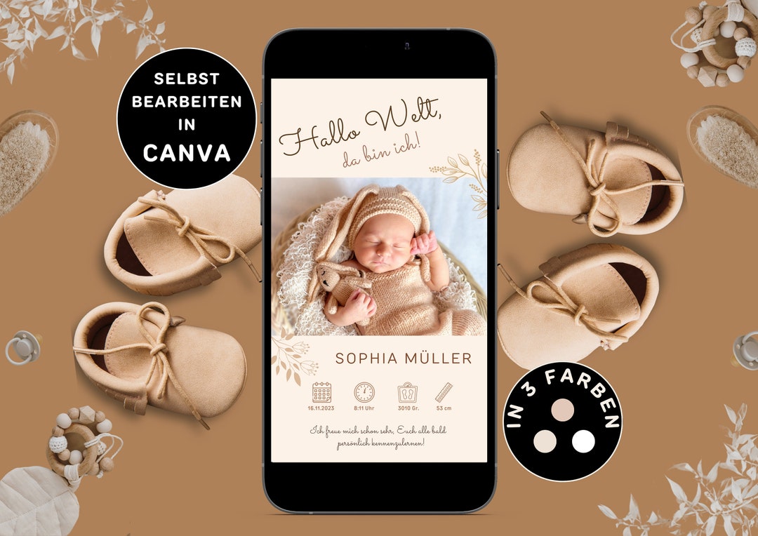 Digital Birth Announcement, Neutral, Customizable, for Sending via ...