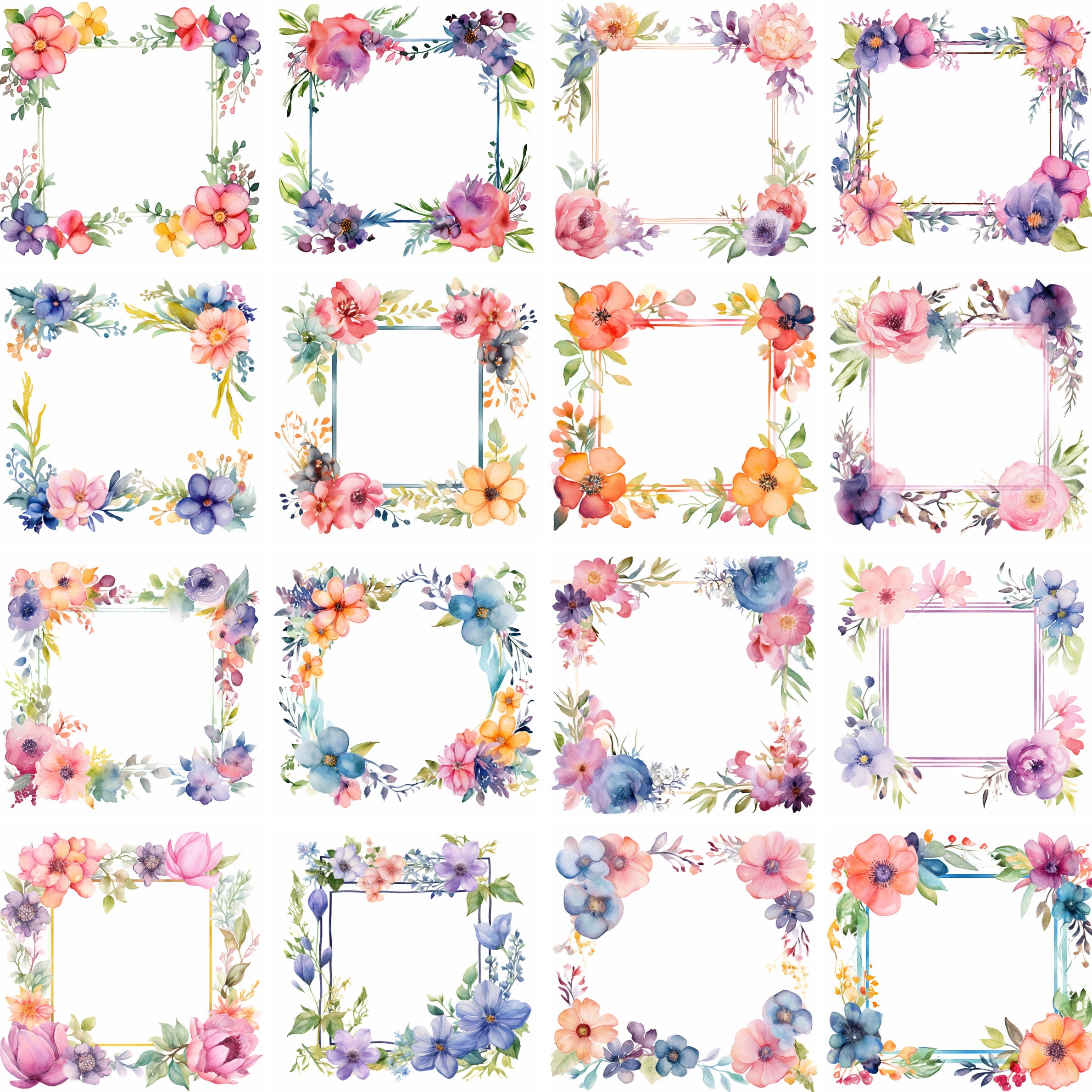 Watercolor Clipart Single Flower Frame 30 PNG Flowers Frame - Etsy