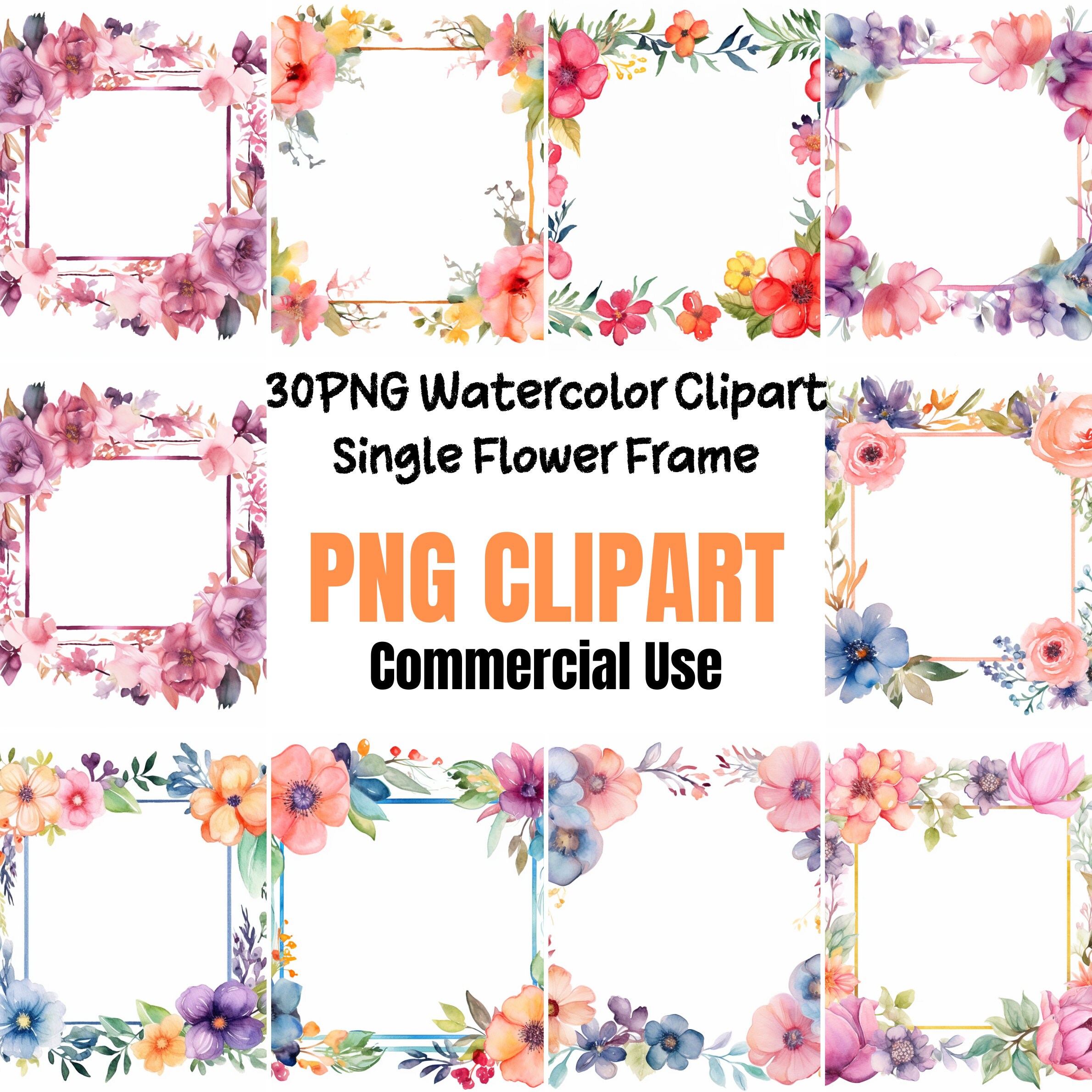Watercolor Clipart Single Flower Frame 30 PNG Flowers Frame - Etsy