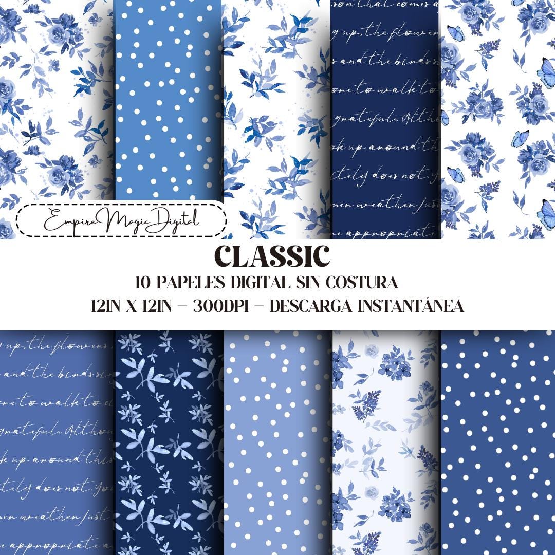 Blue Floral Digital Paper, Seamless Patterns, Digital Paper Pack, Blue ...