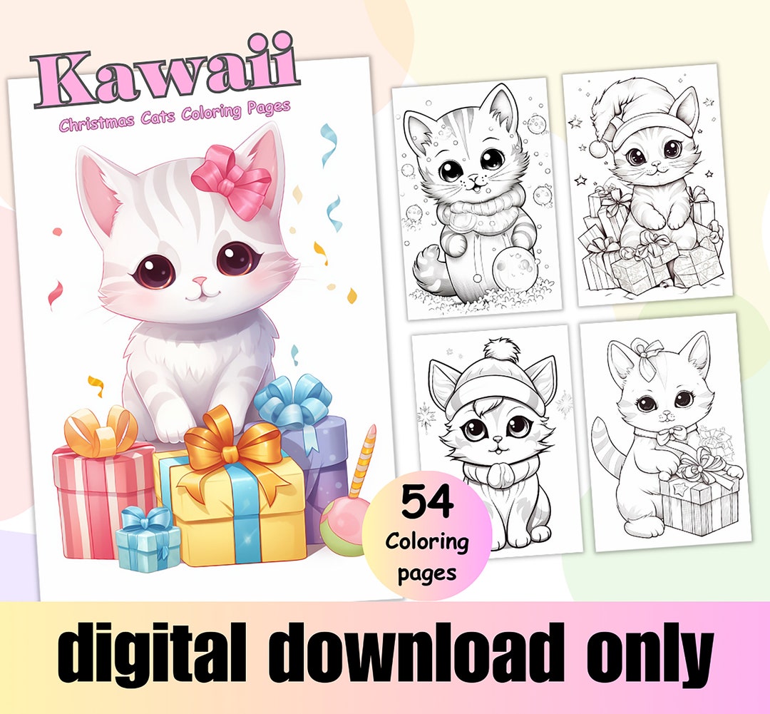 Kawaii Christmas Coloring Pages50 Pageskawai Cat Cute - Etsy