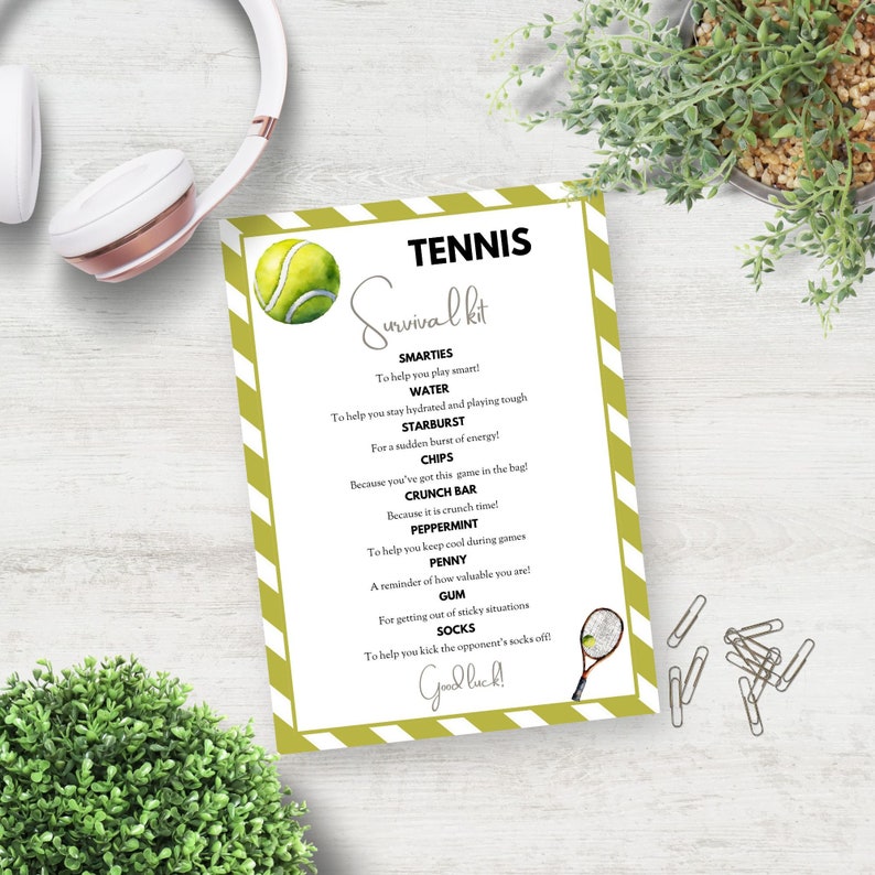 Tennis Survival Kit zum Ausdrucken, viel Glück Geschenkkorb Idee ...