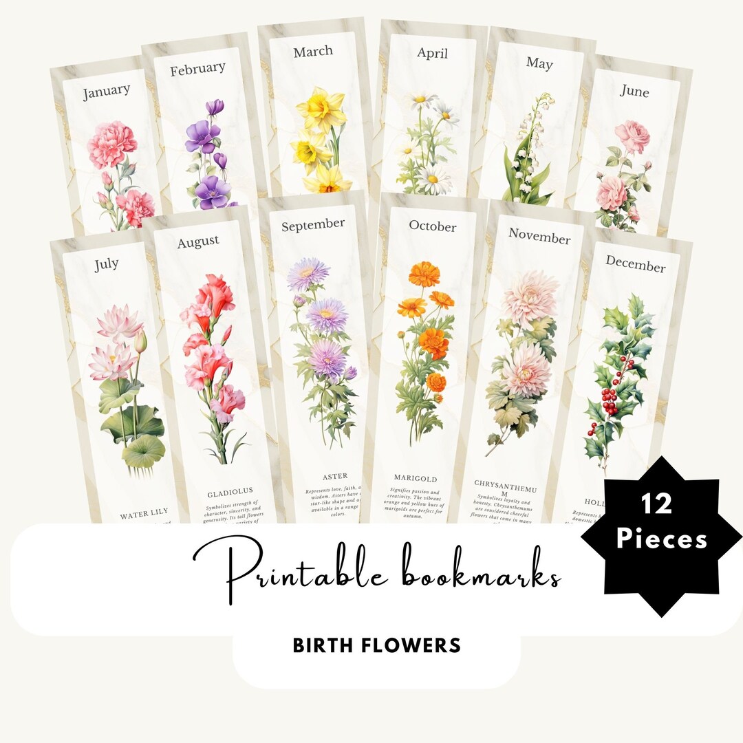 Birth Month Flower Printable Bookmarks, 12 Birth Flower Designs, Book ...