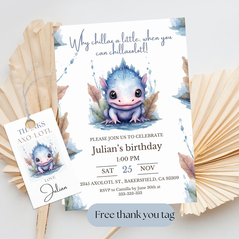 Axolotl Birthday Invitation Boy, Blue Cute Invite, Editable Canva ...