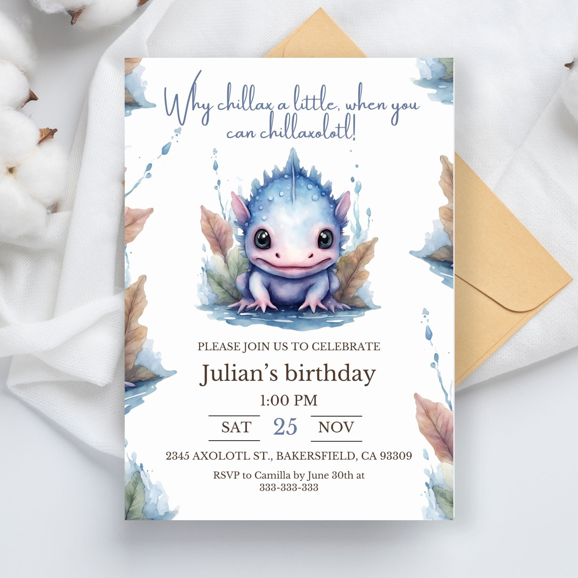 Axolotl Birthday Invitation Boy, Blue Cute Invite, Editable Canva ...