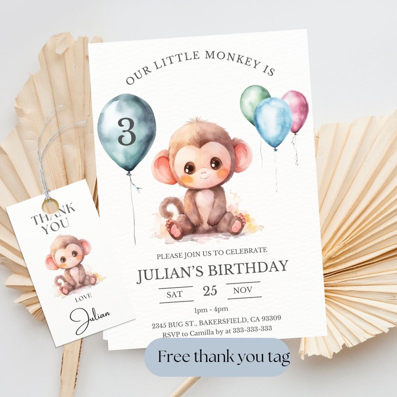 Monkey Birthday Invitation: Jungle Theme, Watercolor Balloons (editable ...