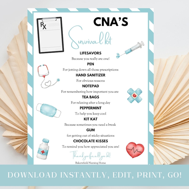 CNA Survival Kit Printable: Editable Gift Basket Tag (PDF) - Etsy